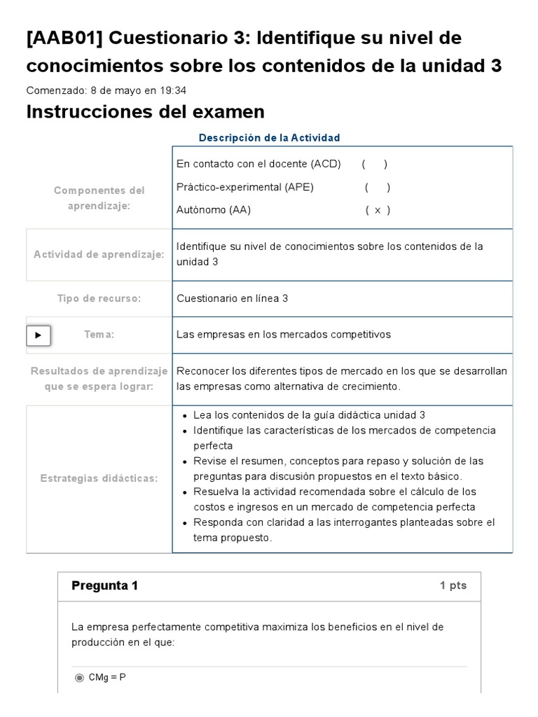 Examen - (AAB01) Cuestionario 3 - Identifique Su Nivel de Conocimientos Sobre Los Contenidos de ...