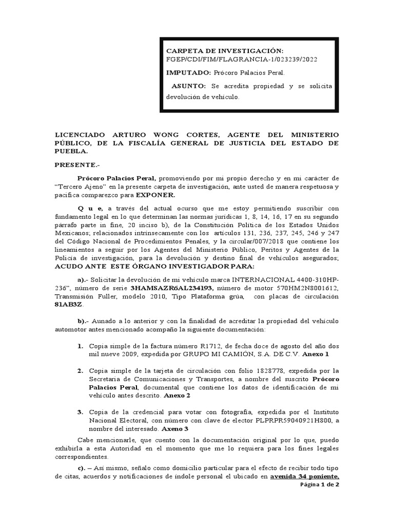 Escrito Devolucion de Vehiculo | Descargar gratis PDF | Gobierno | Justicia