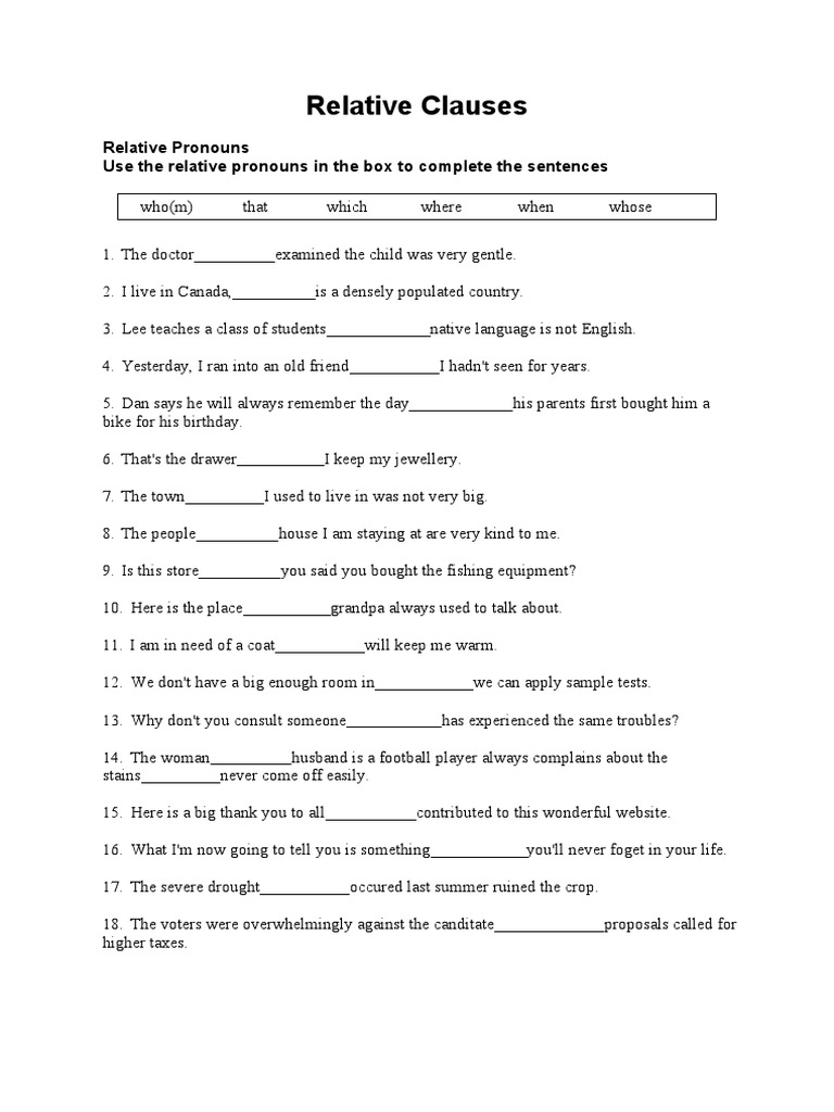 Relative Clauses Worksheet | PDF