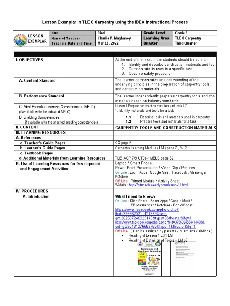 LE TLE G8 Carpentry Week 1 Tools Materials | Download Free PDF | Learning