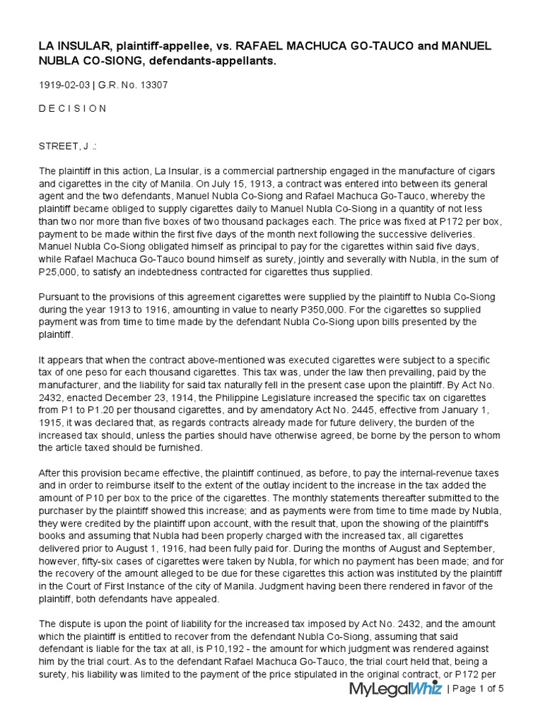 La Insular Vs Rafael Machuca Go-Tauco039 Phil 567 | PDF | Surety | Taxes