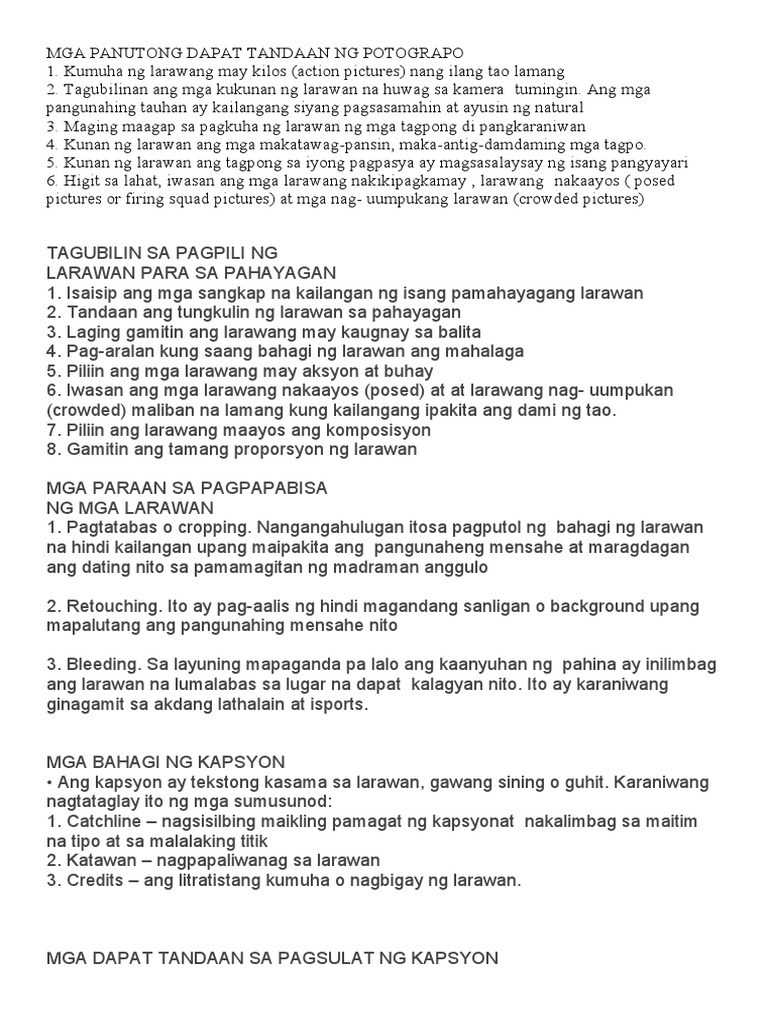 Mga Panutong Dapat Tandaan NG Potograpo | PDF