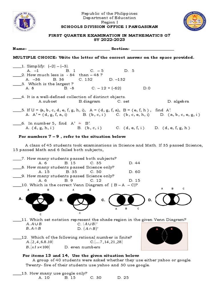 First Quarter Examination MATH 7 | PDF | Subtraction | Integer