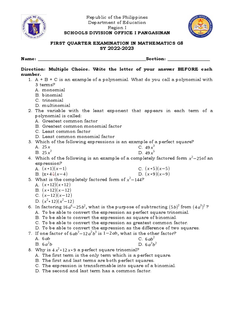 First Quarter Examination MATH 8 | PDF | Factorization | Polynomial