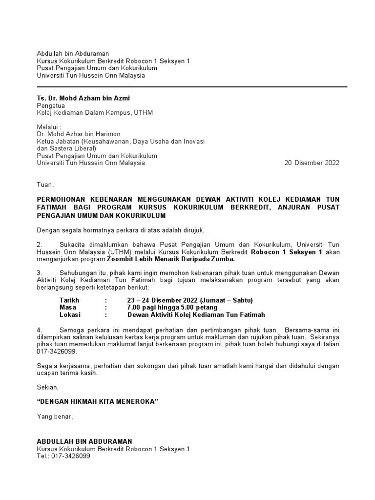 Contoh Surat Tempahan Ruang Di UTHM | PDF