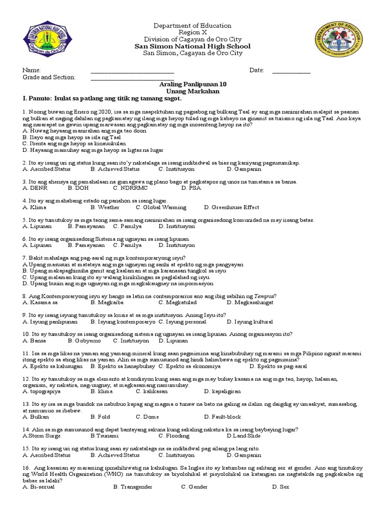 AP 10 1st Quarter Exam | PDF