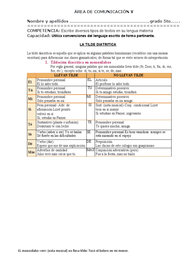 Uso de la Tilde Diacrítica en Monosílabos | PDF | Pronombre ...