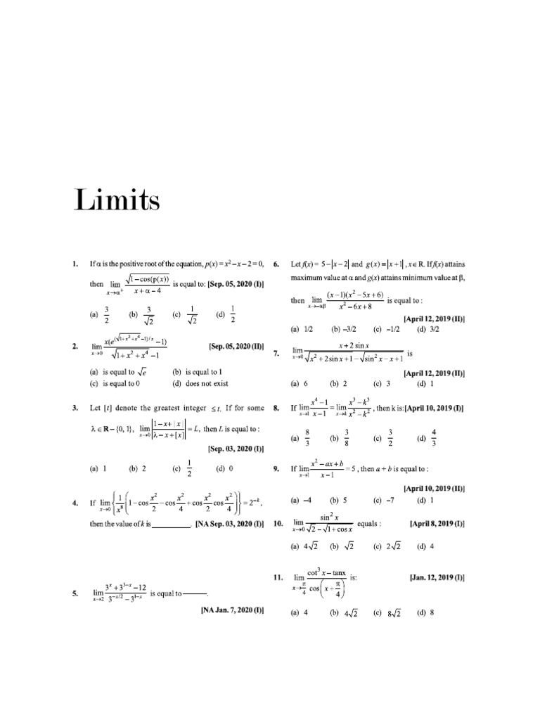 Limits Pyq Jee Main PDF | PDF