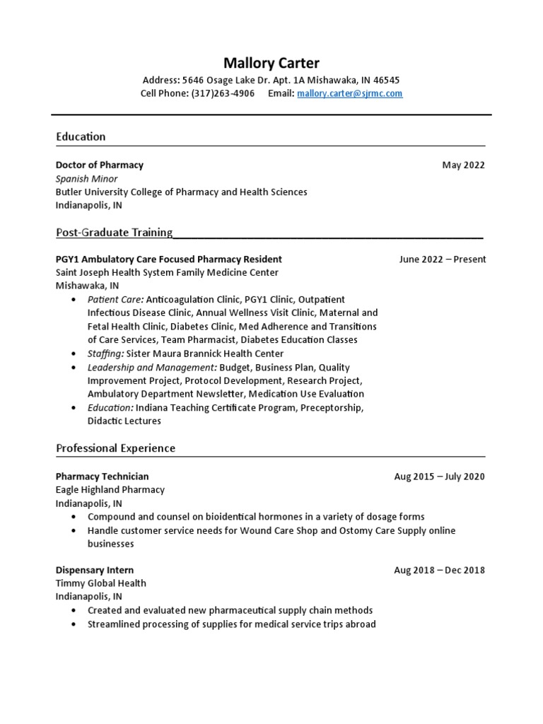 Mallory Carter - CV | PDF | Pharmacy | Pharmacist