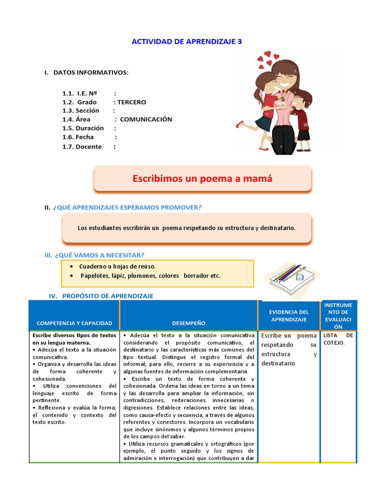 D3 A2 Sesion Com Escribimos Un Poema A Mamá Pdf Evaluación
