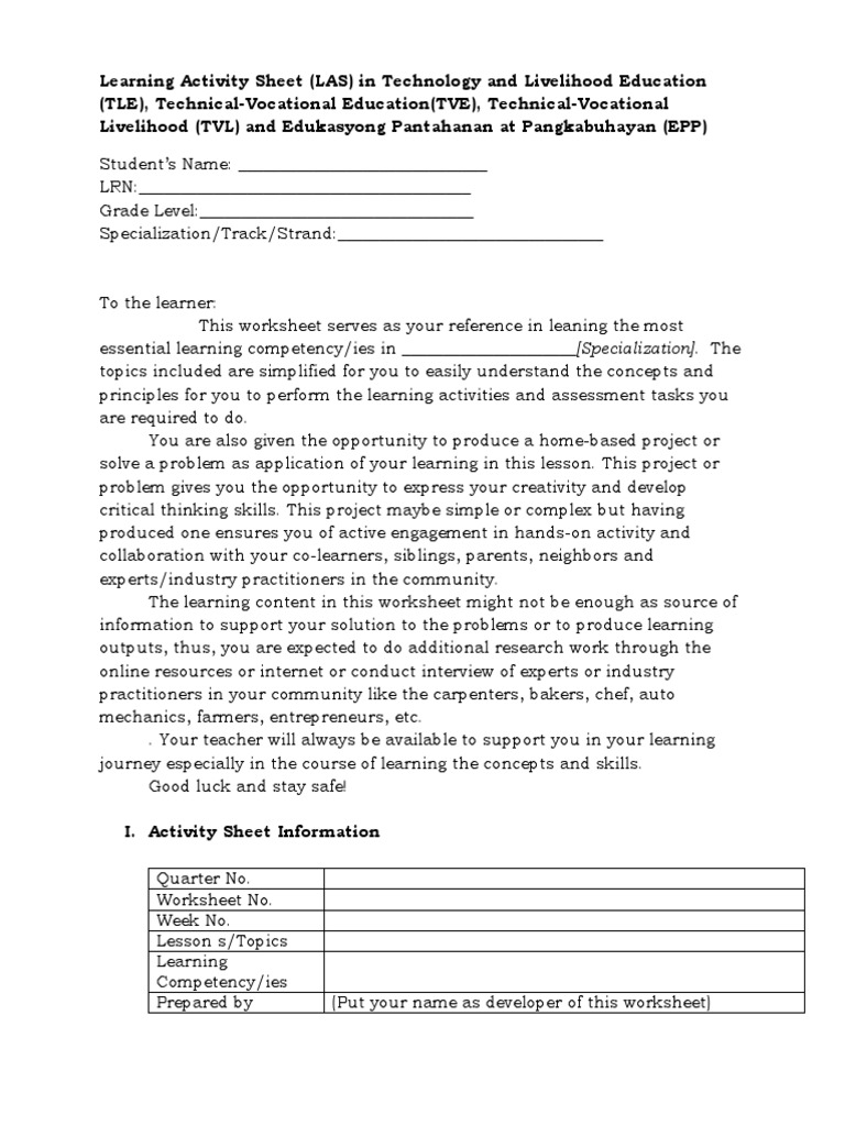 TLE ACTIVITY SHEET FORMAT Learning-Activity-Sheet - For-Quarter-1-Template - TLE - TVE - TVL ...