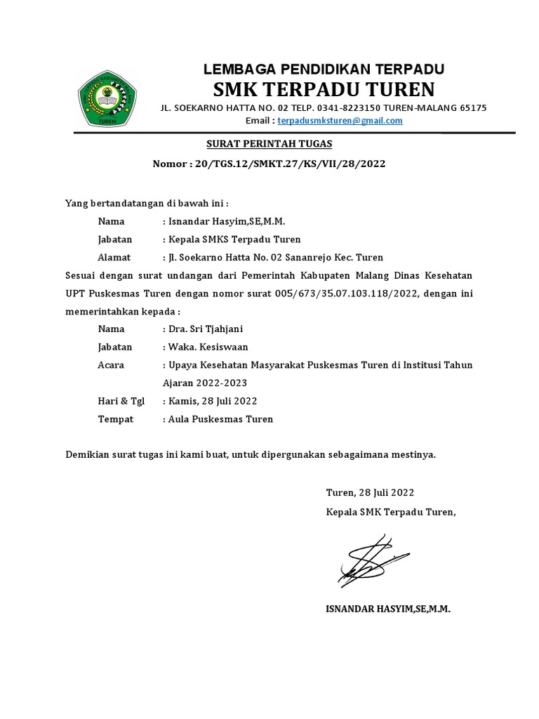 SURAT PERINTAH TUGAS GURU UKS | PDF