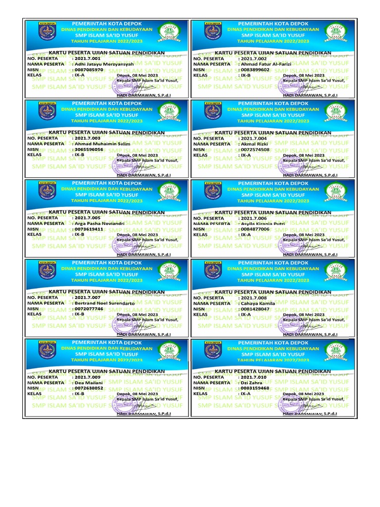 Contoh Kartu Us 2022-2023 | PDF