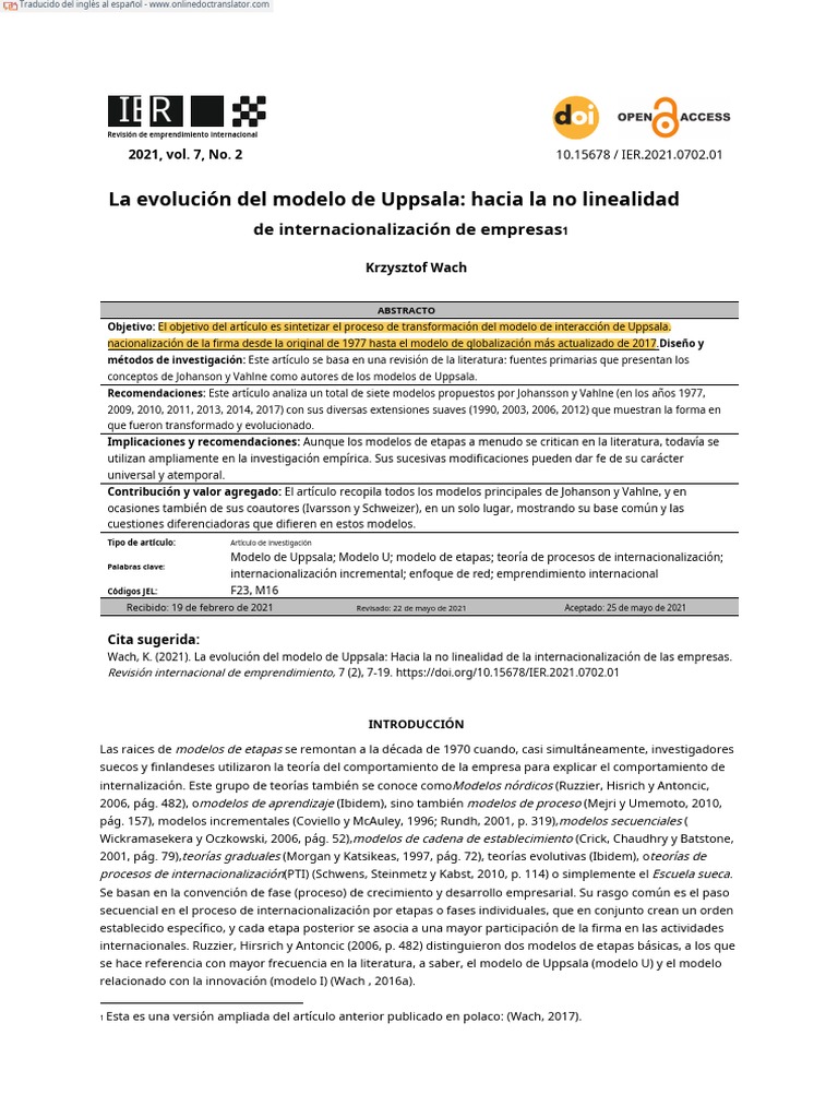 Wach, K. (2021) - La Evolución Del Modelo de Uppsala - En.es PDF | PDF | Iniciativa empresarial ...