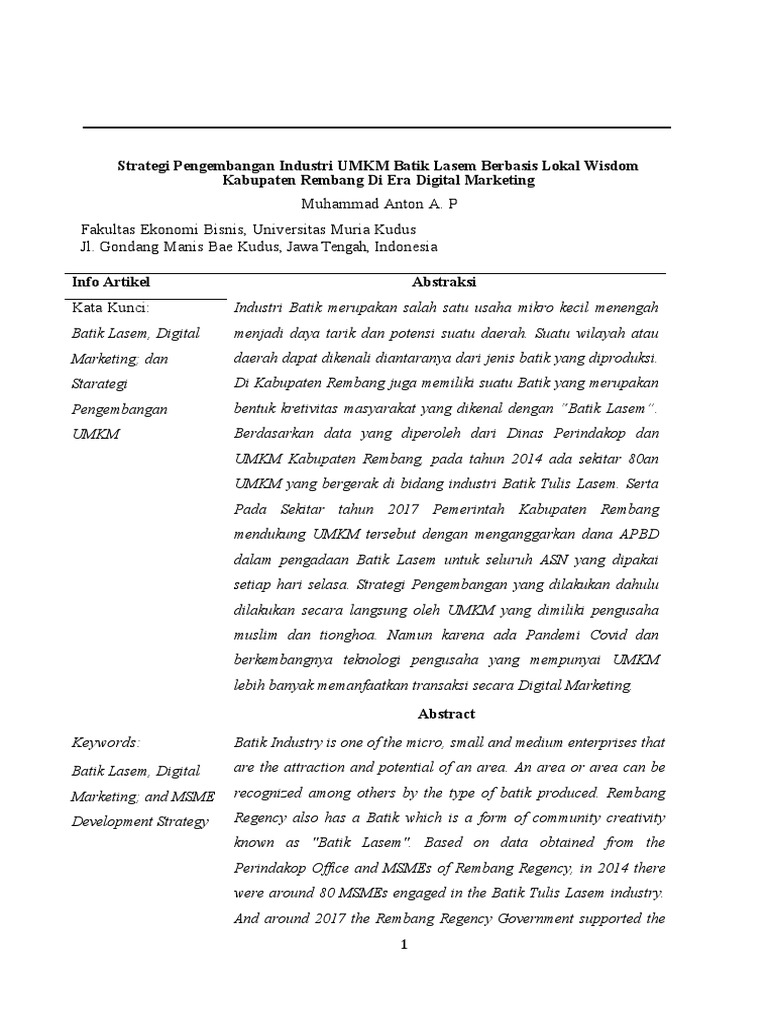 MENINGKATKAN PELUANG BISNIS BATIK LASEM DI ERA DIGITAL | PDF
