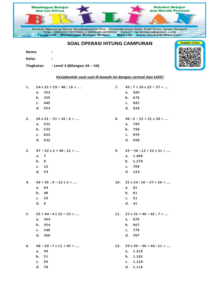 Soal Operasi Hitung Campuran Perkalian Pembagian Pengurangan Dan ...