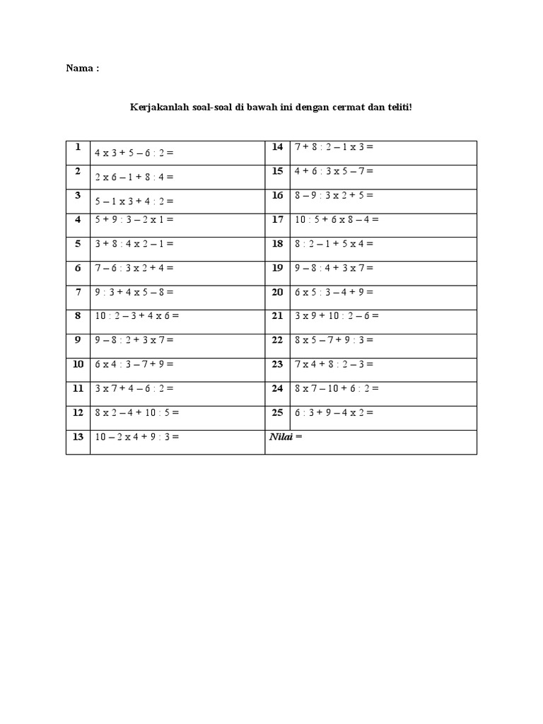 Latihan Soal Operasi Hitung Campuran Level 1.docx | PDF