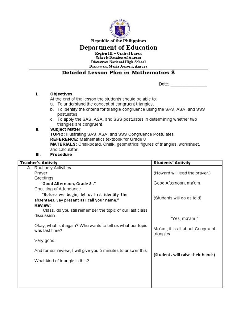 LESSON PLAN 3RD Q (Sas, Asa, SSS) | PDF | Mathematics | Elementary ...