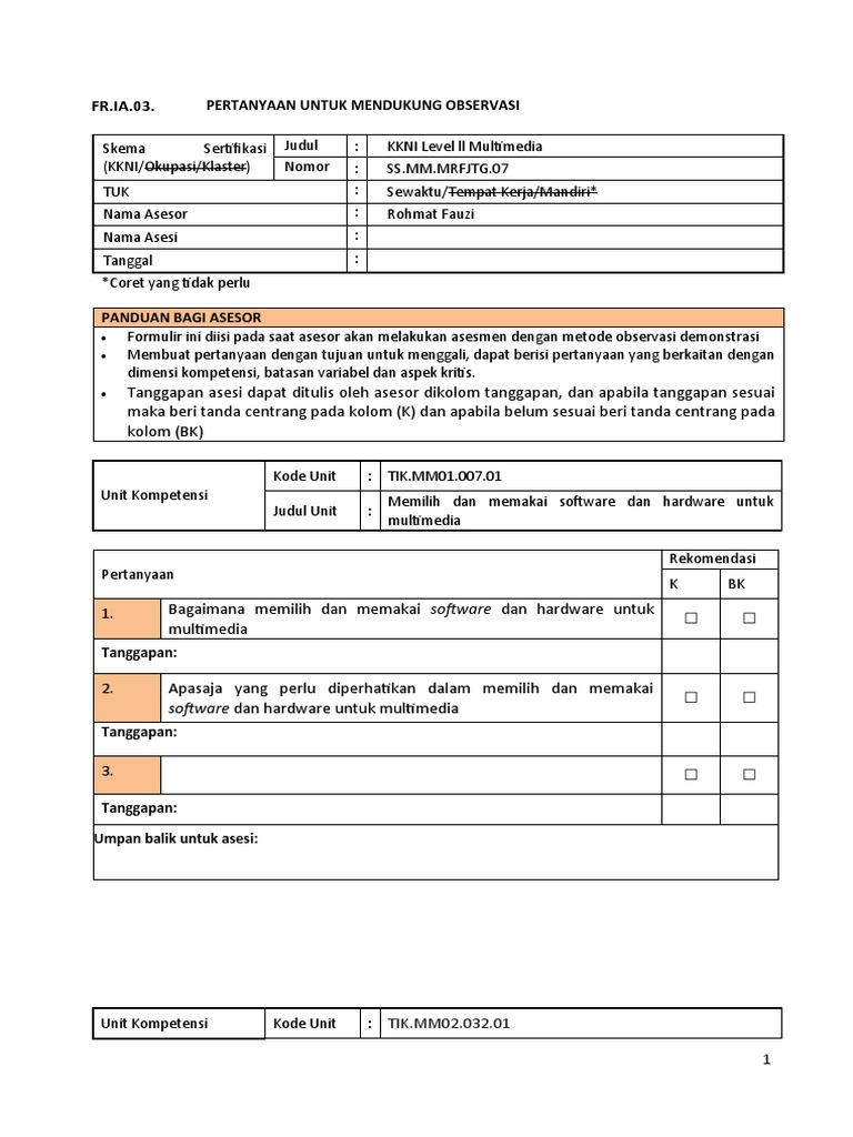 FR - IA.03 Pertanyaan Untuk Mendukung Observasi | PDF