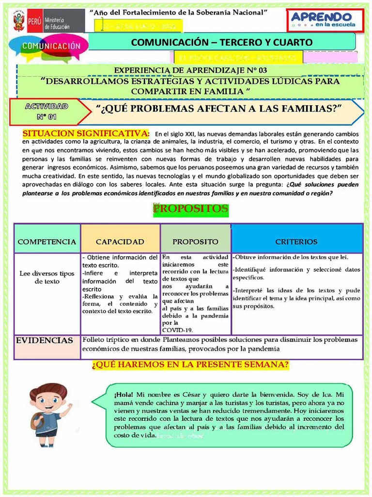 Experiencia de Aprendizaje 03 - Actividad 01 - 3ero y 4to Grado - Comunicacion - 2022 PDF | PDF ...