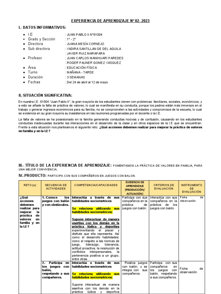 Experiencia de Aprendizaje # 2 1° - 2° Grado | PDF | Evaluación | Aprendizaje