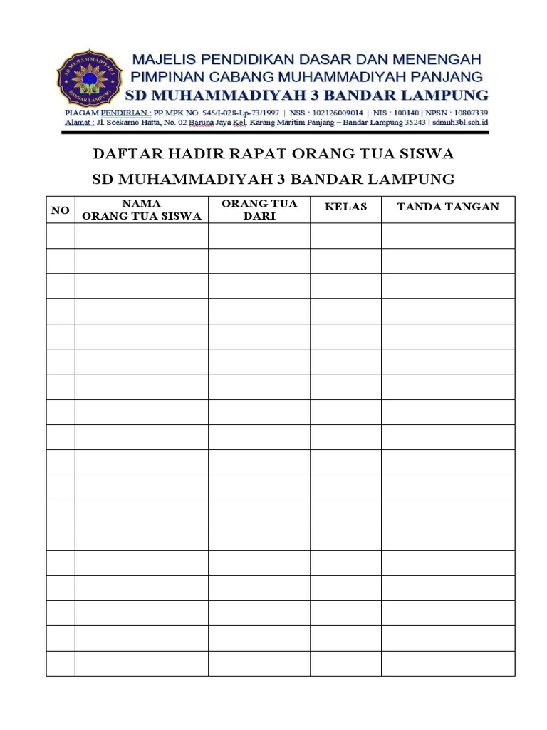 DAFTAR HADIR RAPAT ORANG TUA SISWA | PDF
