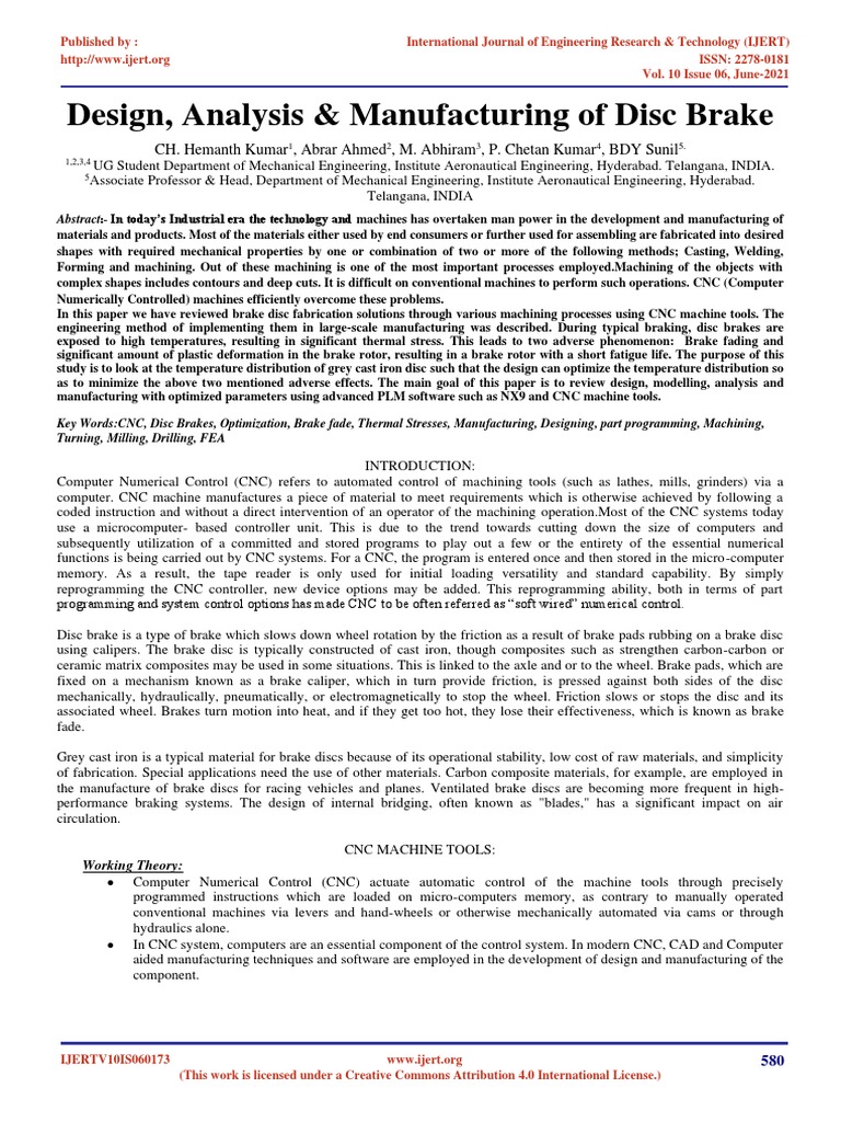 Design Analysis Manufacturing of Disc Brake IJERTV10IS060173 | PDF ...