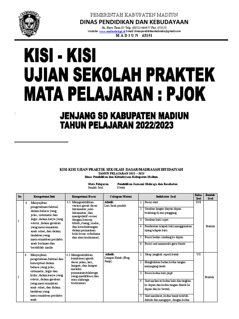 Kisi-Kisi Ujian Praktik - PJOK SDMI - 2022-2023 | PDF