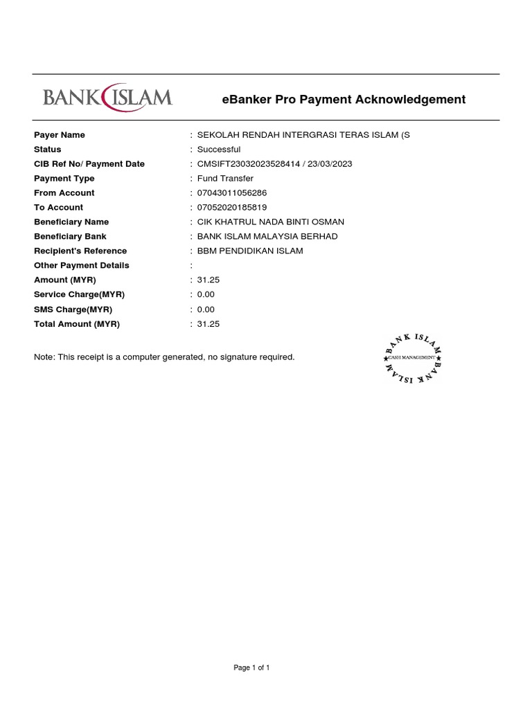 Bank Islam Payment Acknowledgement | PDF