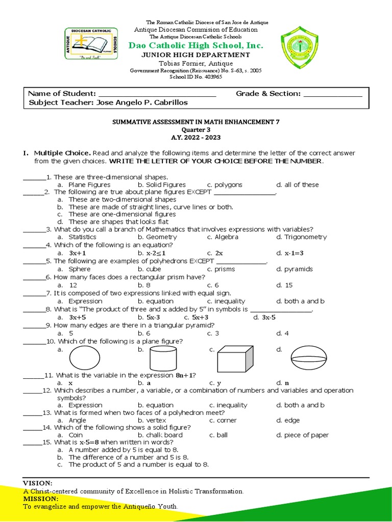 MATH-ENHANCEMENT-7-2ND-QUARTER-EXAM | PDF | Tetrahedron | Rectangle