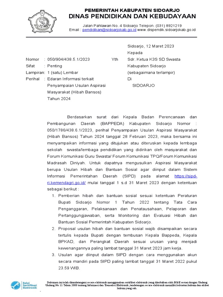 Surat Edaran Informasi Hibah Dan Bansos Tahun 2024 PDF | PDF