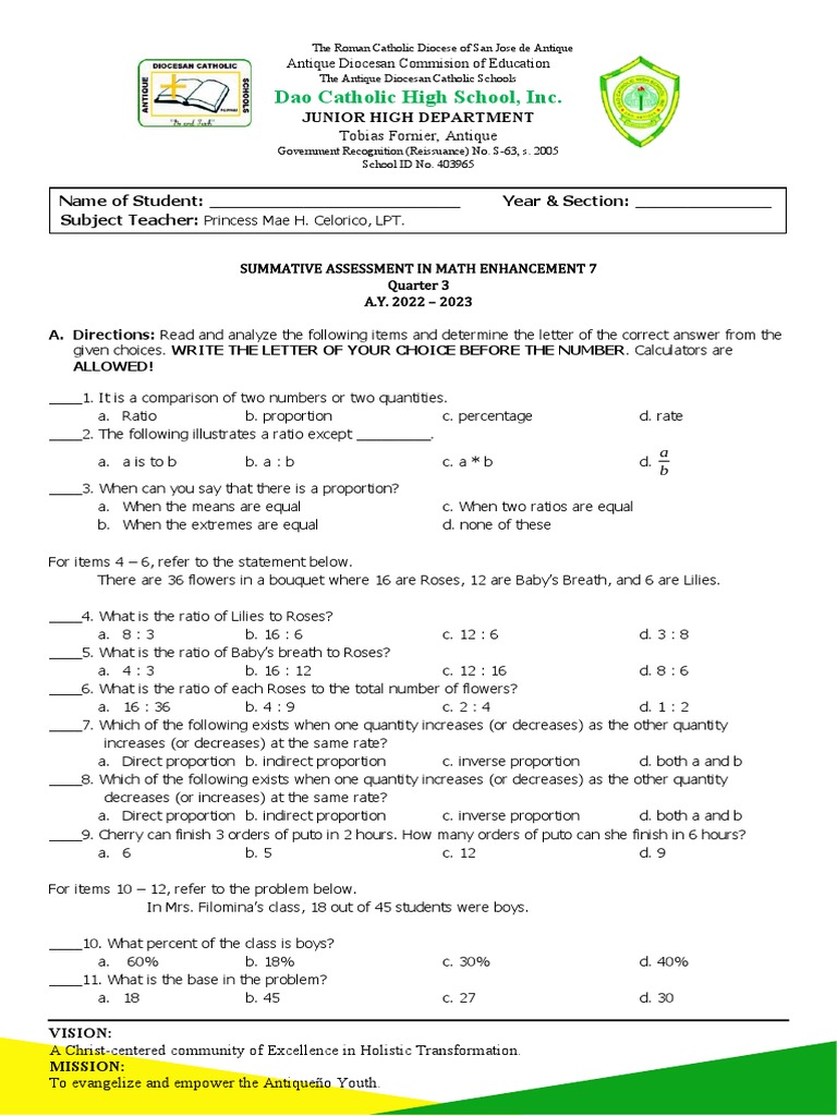 Math Enhancement 7 3RD Quarter Exam | PDF | Interest | Prices