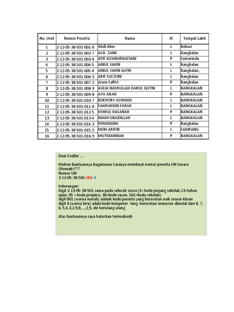 Panduan Nomor Peserta UN SMP/MTS | PDF