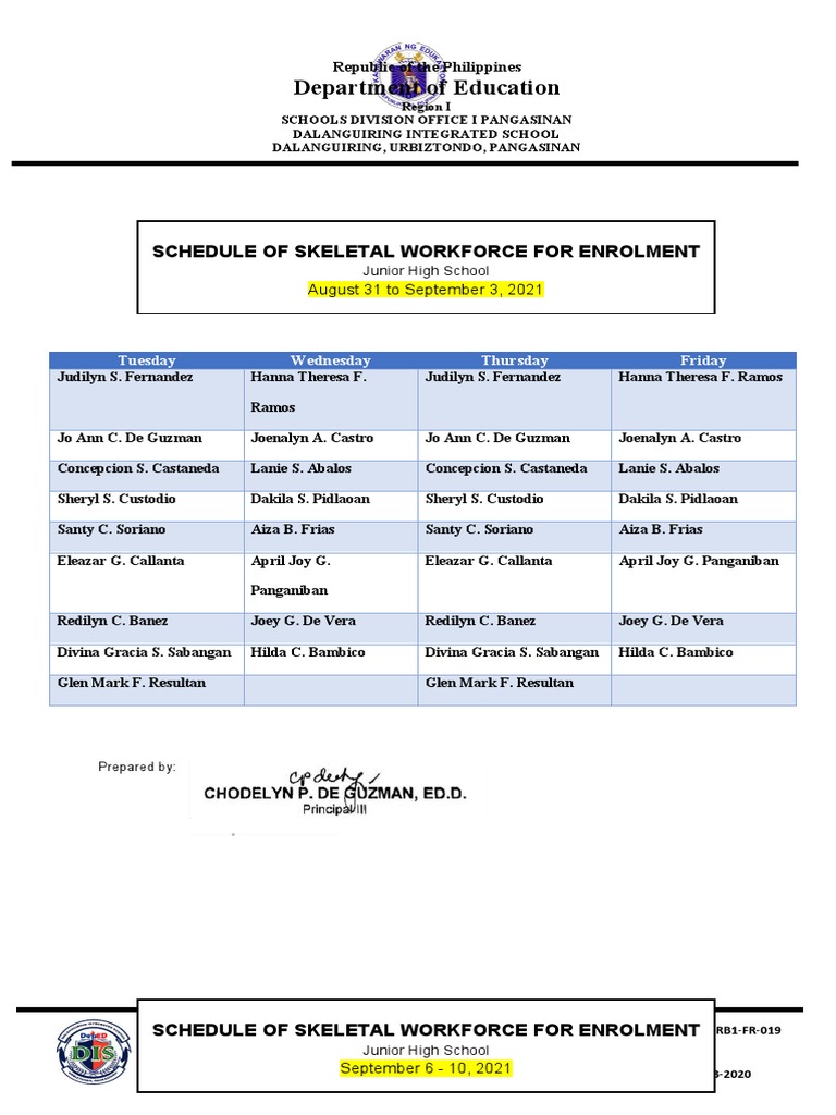 JHS - Skeletal Schedule Fro Enrolment 2021 | PDF