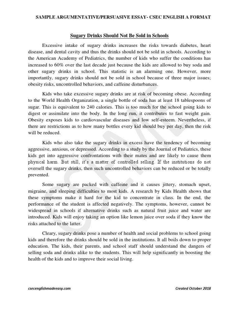 Argumentative Persuasive Essay Sample | PDF | Obesity | Soft Drink