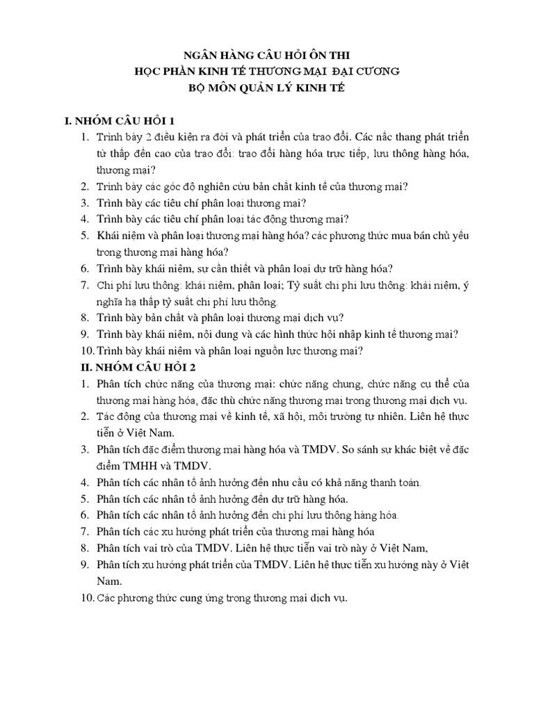 BMF1 - Ngân hàng câu hỏi ôn tập thi học phần KTTMĐC năm học 2022-2023- 2TC-ĐH | PDF