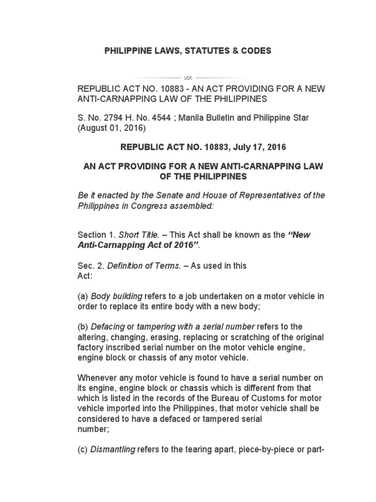 New Anti-Carnapping Act of 2016 | PDF | Carjacking | Vehicles