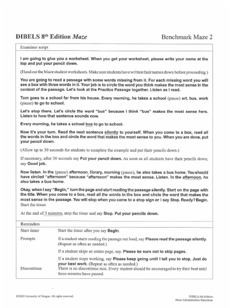 DIBELS 8 Maze - Administration Instructions | PDF
