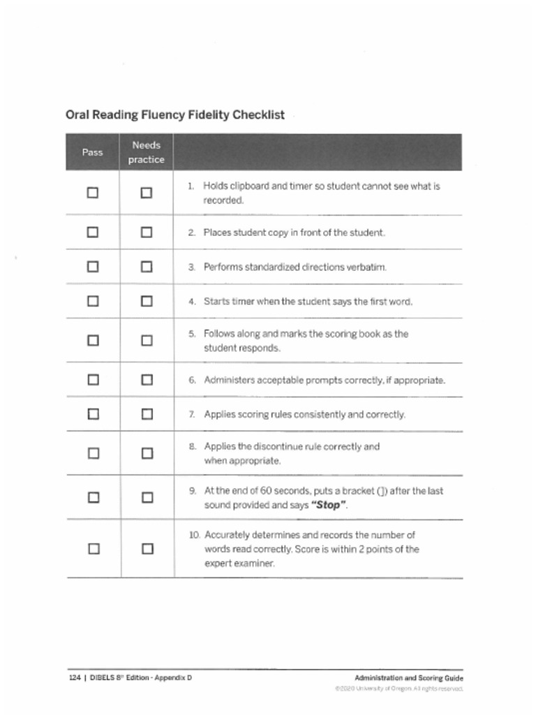 DIBELS 8 Oral Reading Fluency Fidelity Checklist | PDF