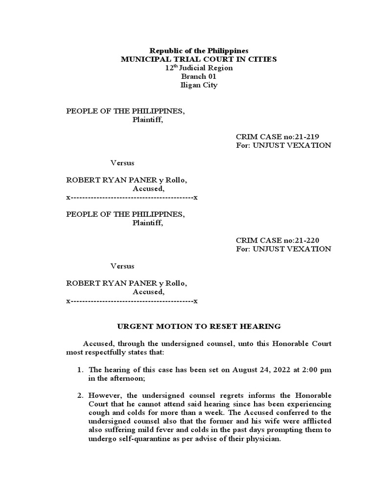Urgent Motion To Reset Hearing Paner | Download Free PDF | Courts | Public Law