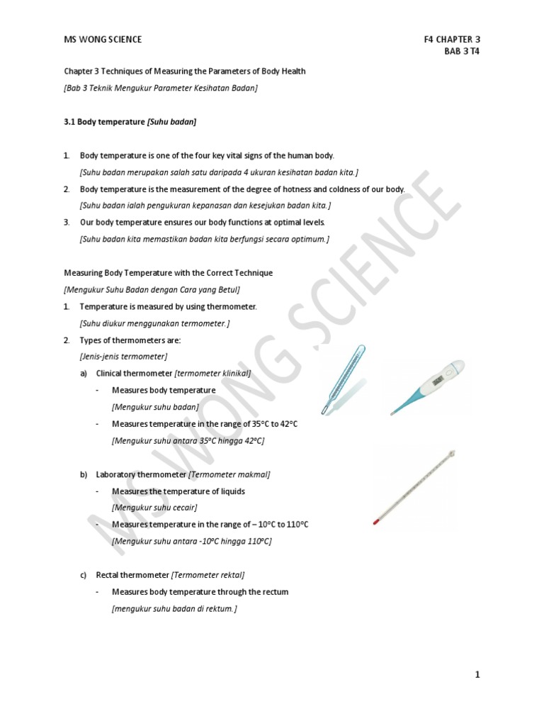 F4 SC Nota Bab 3 Techniques of Measuring The Parameters of Body Health ...