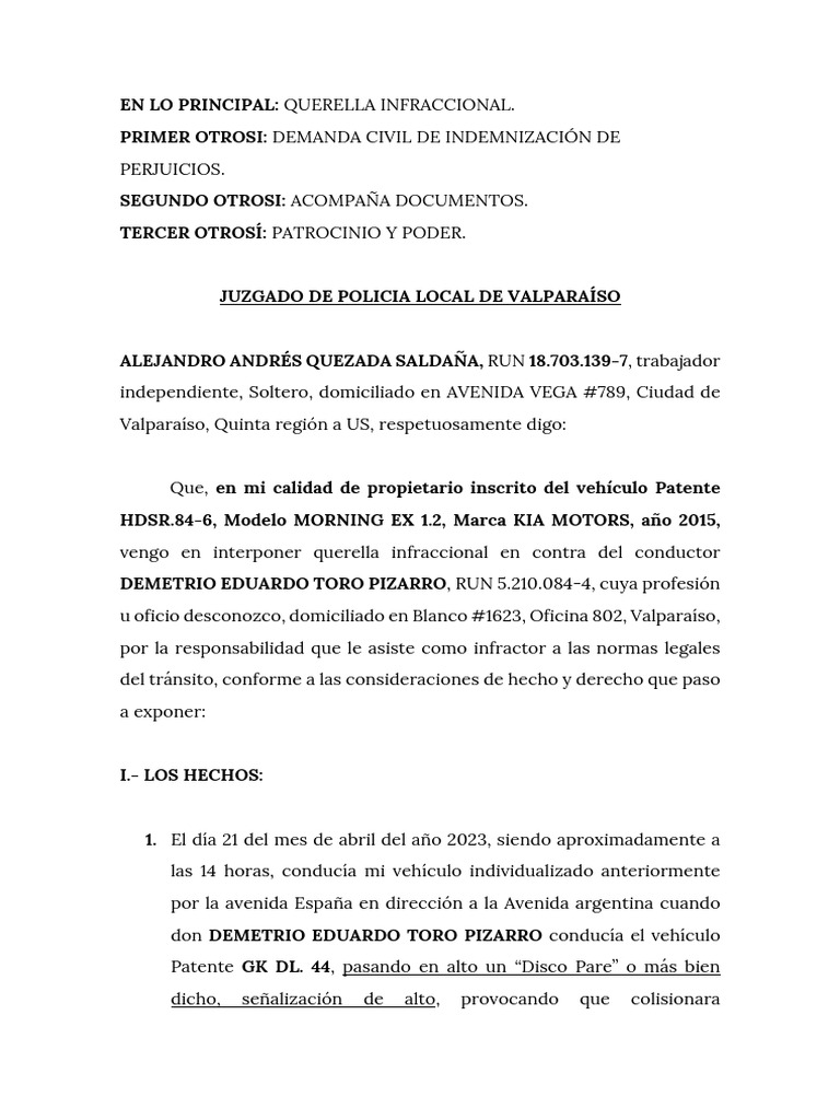 Querella Infraccional Más Indemnización de Perjuicios Accidente ...