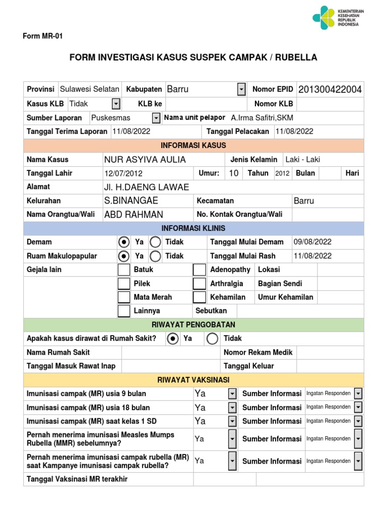 Formulir Investigasi Kasus Campak/Rubella | PDF