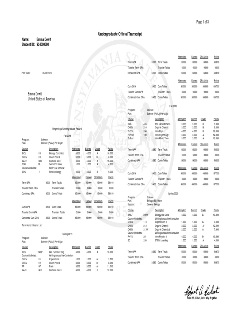 Official Transcript | PDF | Pennsylvania State University | Academia