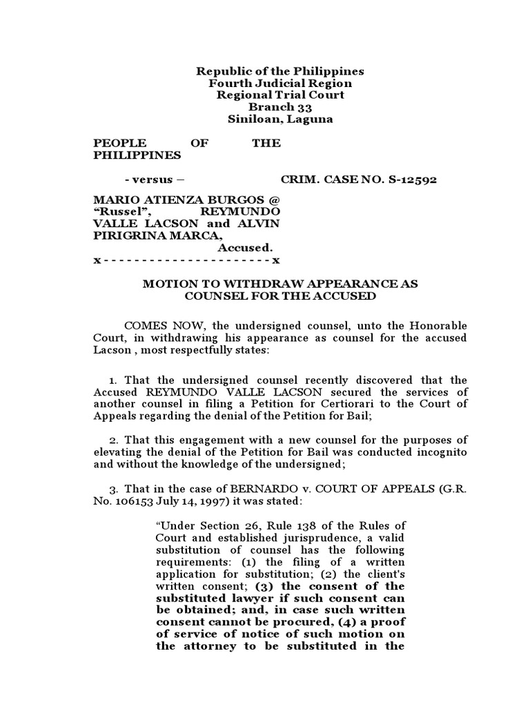 Motion-to-Withdraw-as-Counsel - LACSON | PDF