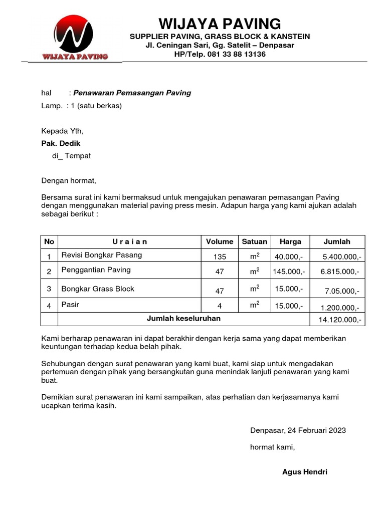 Penawaran Pemasangan Paving Denpasar | PDF