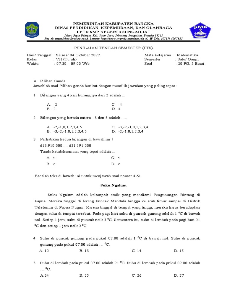Soal PTS Matematika Kelas 7 | PDF