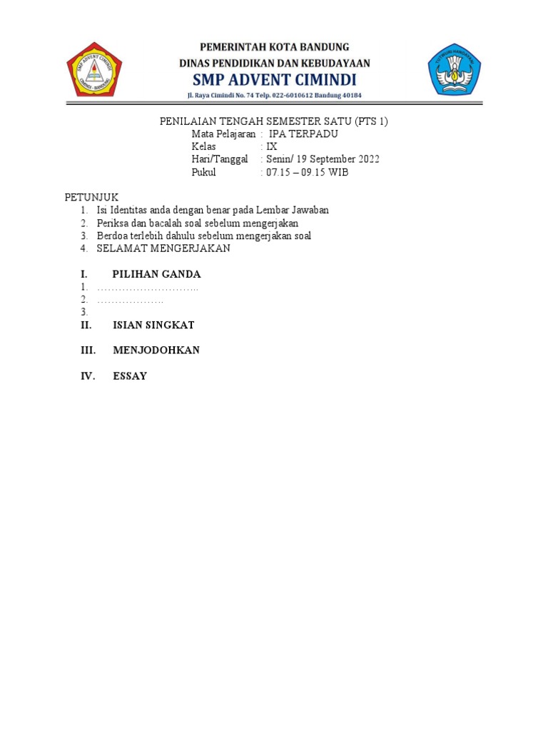 Format Dan Kop Soal PTS SMP | PDF