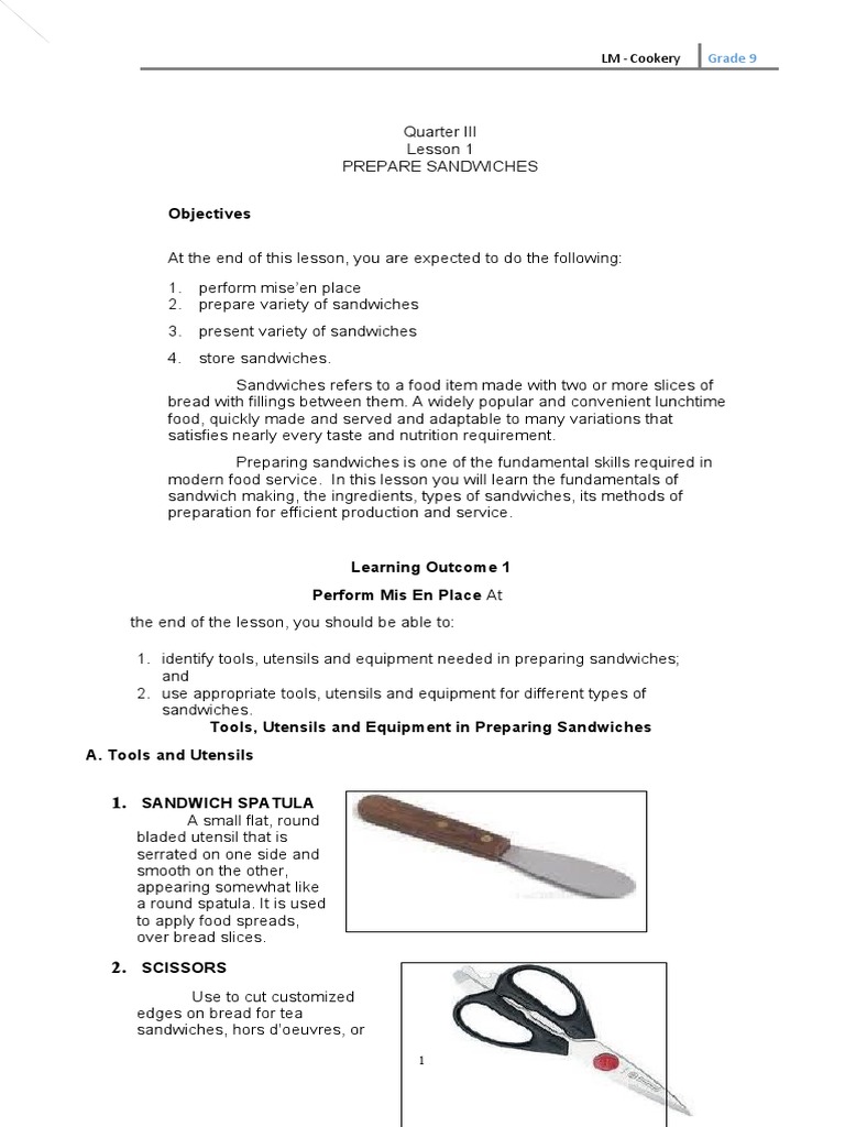 3rd Quarter Cookery 9 Module 3 | PDF | Sandwich | Knife
