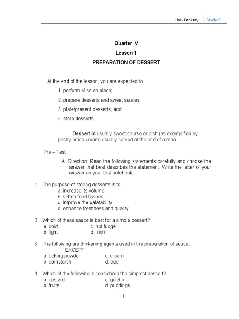COOKERY 4th Quarter Grade 9 | PDF | Desserts | Custard